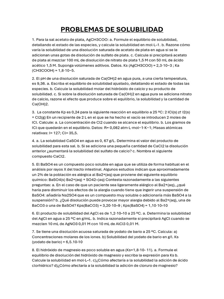 Problemas de solubilidad y equilibrios químicos | PDF | Solubilidad ...