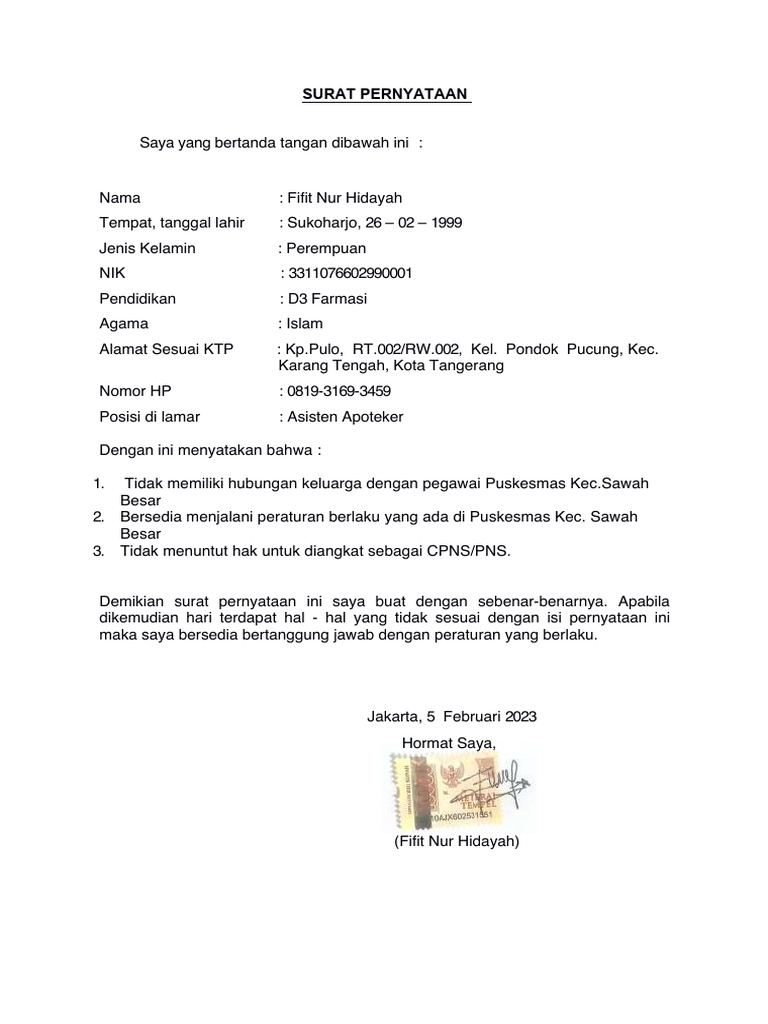 Surat Pernyataan Fifit Nur Hidayah | PDF