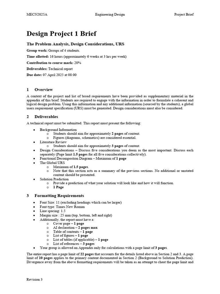 MECN2025A Engineering Design Project Brief | PDF