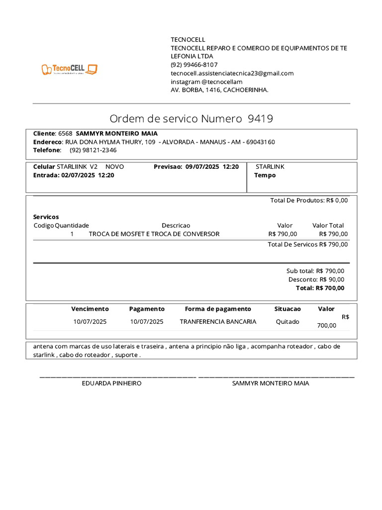 Tenocell - Manutencao Starlink TBT | PDF