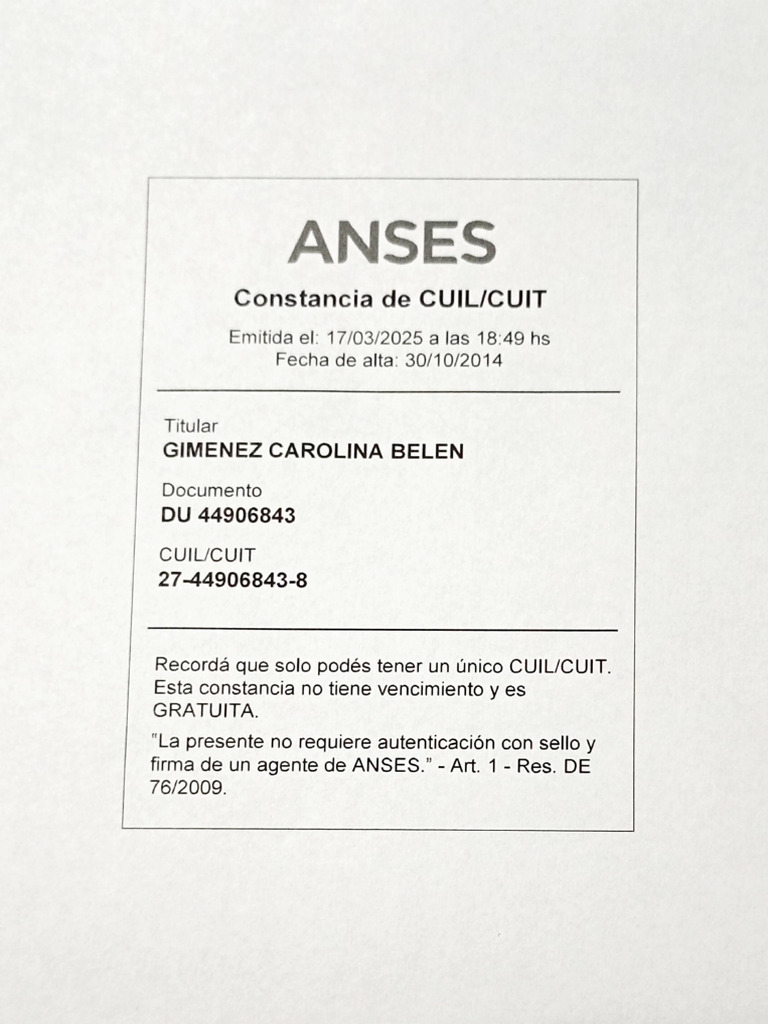 Constancia de CUIL/CUIT ANSES 2025 | PDF