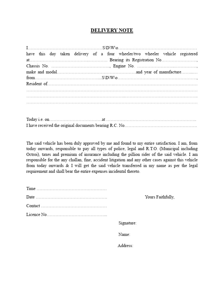 Vehicle Delivery Note Template | PDF