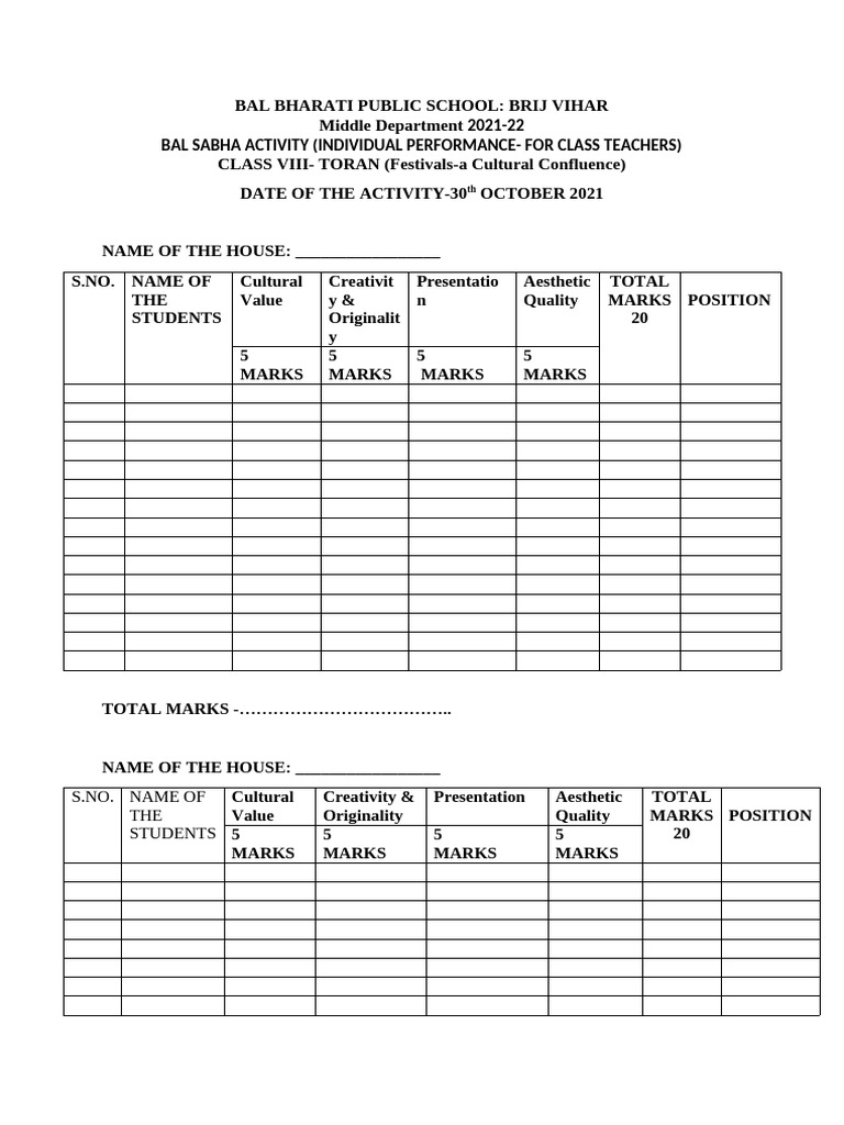 TORAN-Judgement Sheet For Class Teachers - Round 1 | PDF