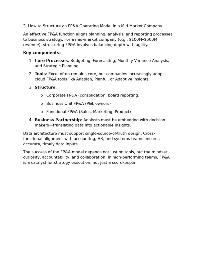 How To Structure An FP&A Operating Model in A Mid-Market Company | PDF