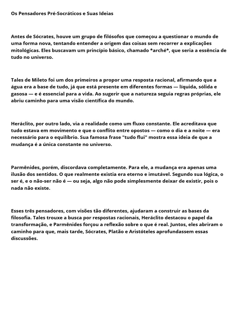 Os Pensadores Pré-Socráticos e Suas Ideias PDF | PDF