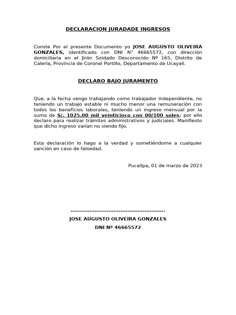 Declaracion Juradade Ingresos Jose Augusto | PDF