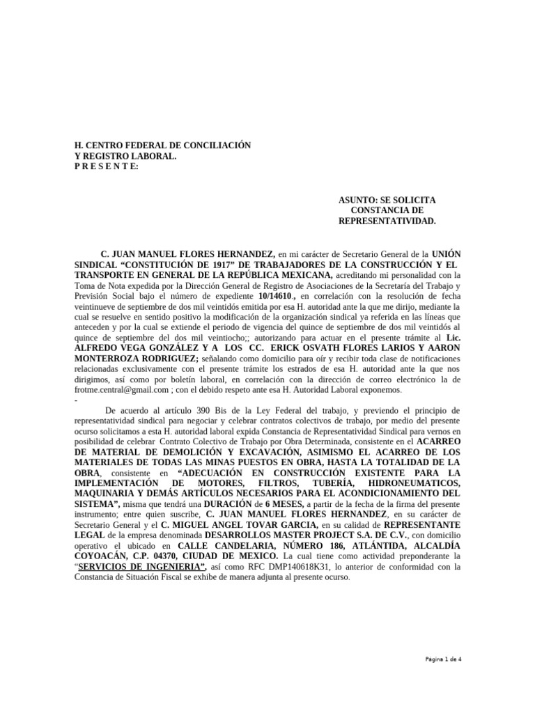 Solicitud Constancia de Representatividad CCT Desarrollos Master | PDF | México