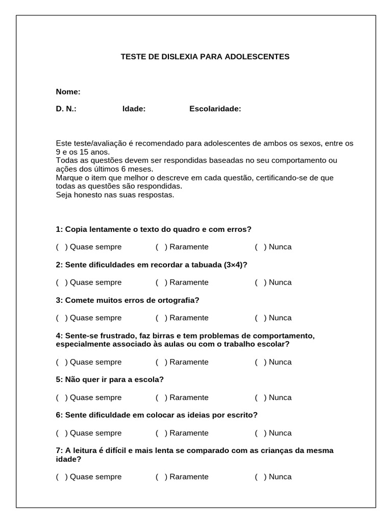 Teste de Dislexia para Adolescentes | PDF | Aprendizado | Adolescência