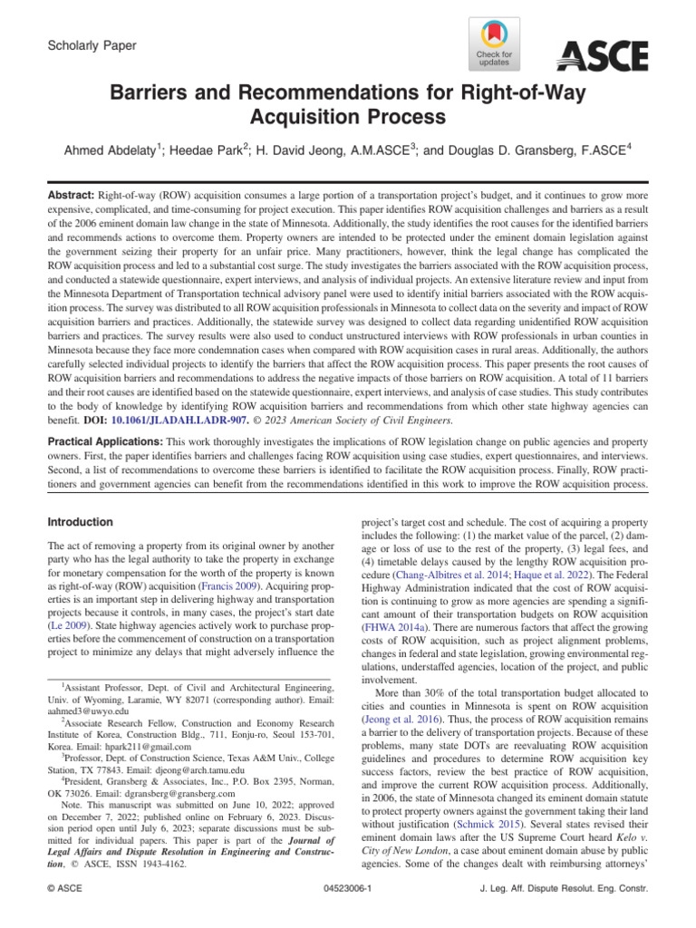 Abdelaty Et Al 2023 Barriers and Recommendations For Right of Way ...