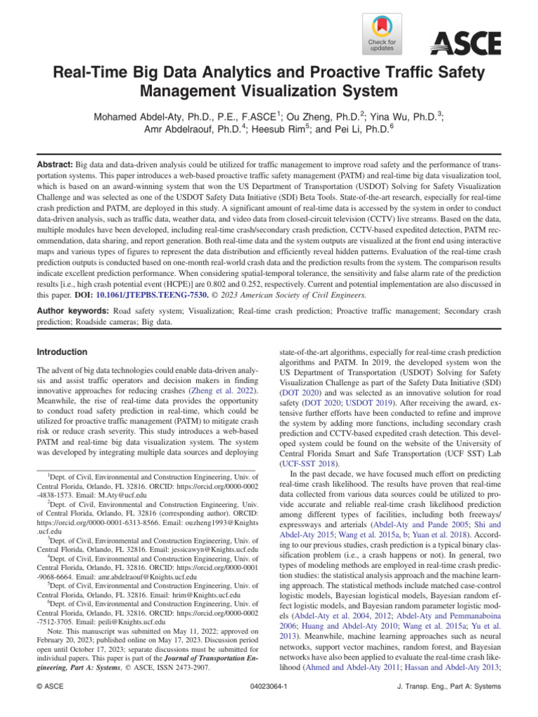 Abdel Aty Et Al 2023 Real Time Big Data Analytics and Proactive Traffic Safety Management ...