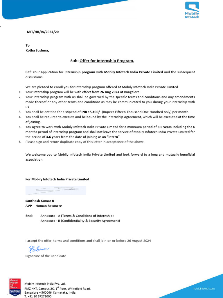 Internship Offer Letter from Mobily Infotech | PDF