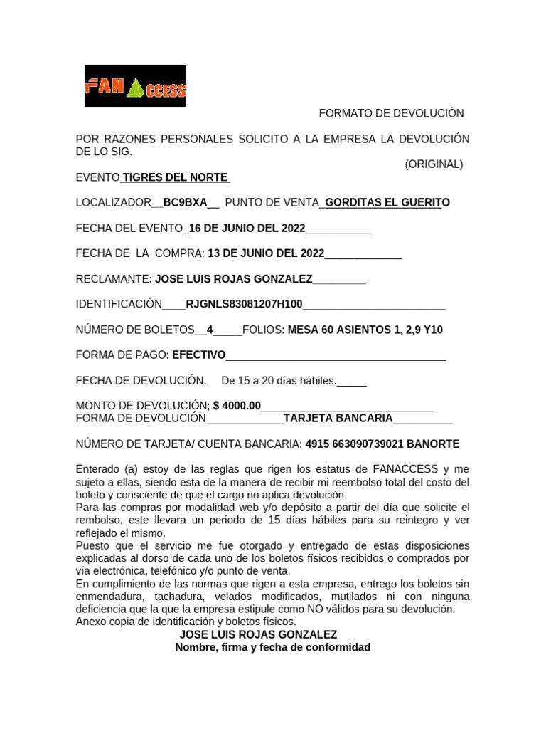 FORMATO DE DEVOLUCIÓN Llena | PDF