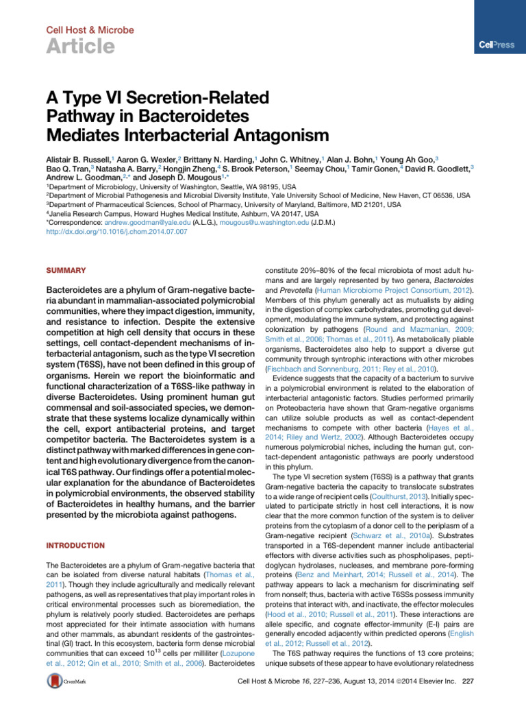 (2014) A Type VI Secretion-Related Pathway in Bacteroidetes Mediates ...