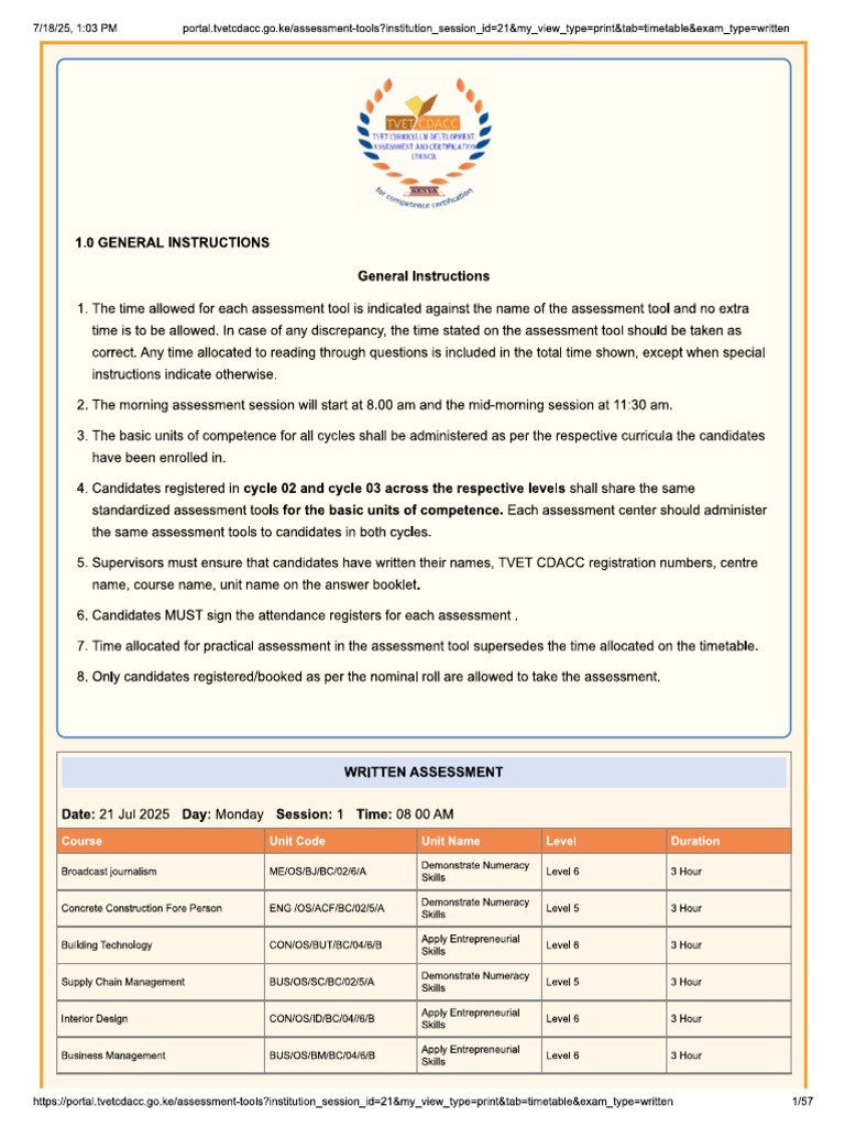Tvet Cdacc Assessment Timetable - July 2025 Written | PDF