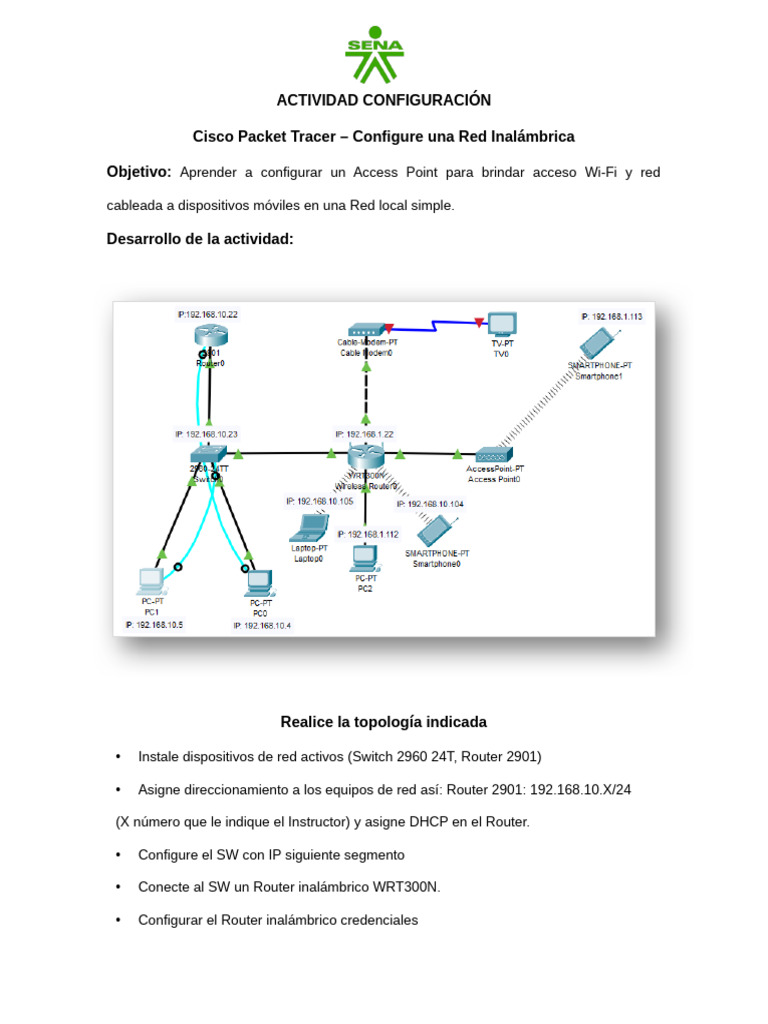 Taller - Cisco Packet Tracer Wi-Fi | PDF | Enrutador (Computación) | Punto de acceso inalámbrico