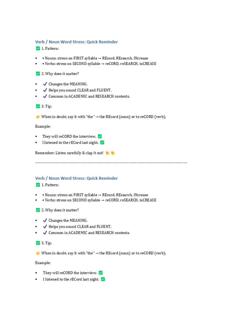 Verb Noun Stress Quick Reference | PDF