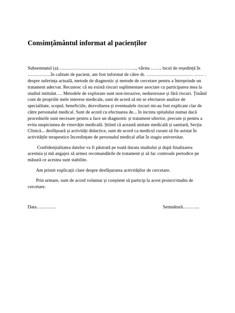 Consimtamant Informat Pacienti Model | PDF