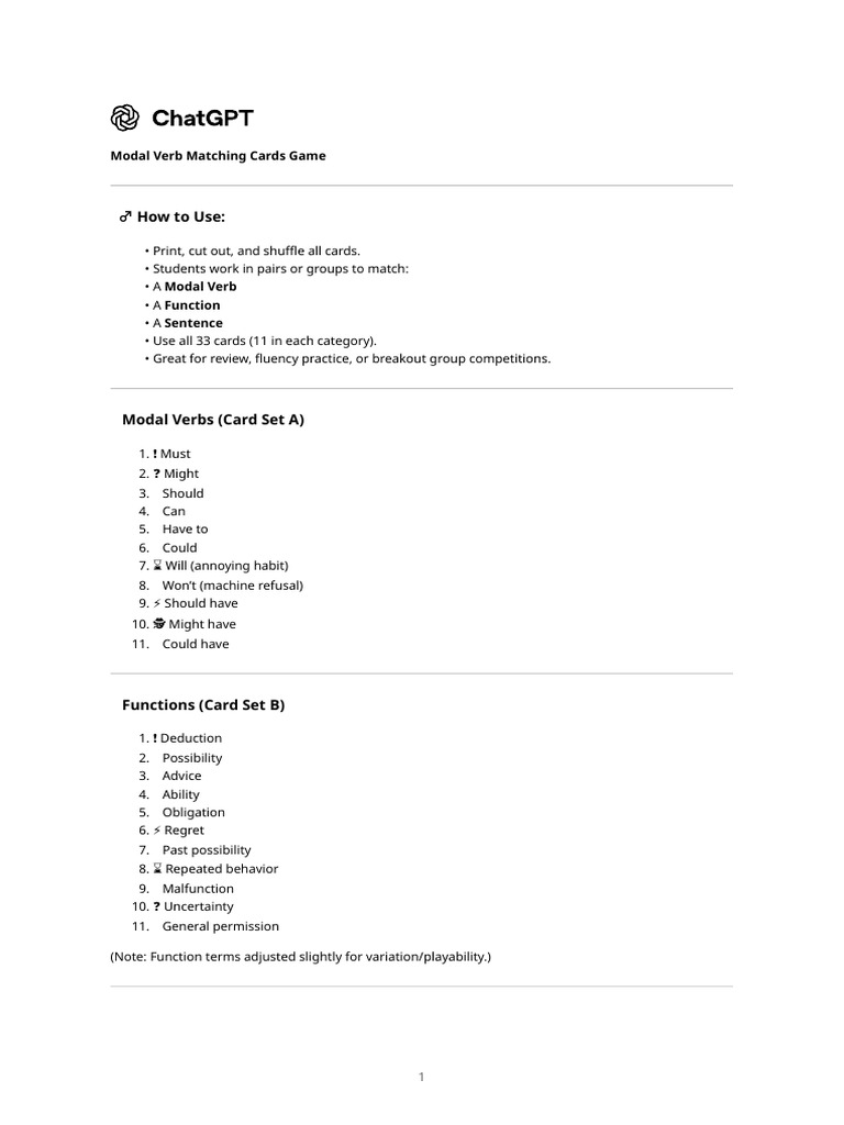 Modal Verb Matching Game Cards | PDF