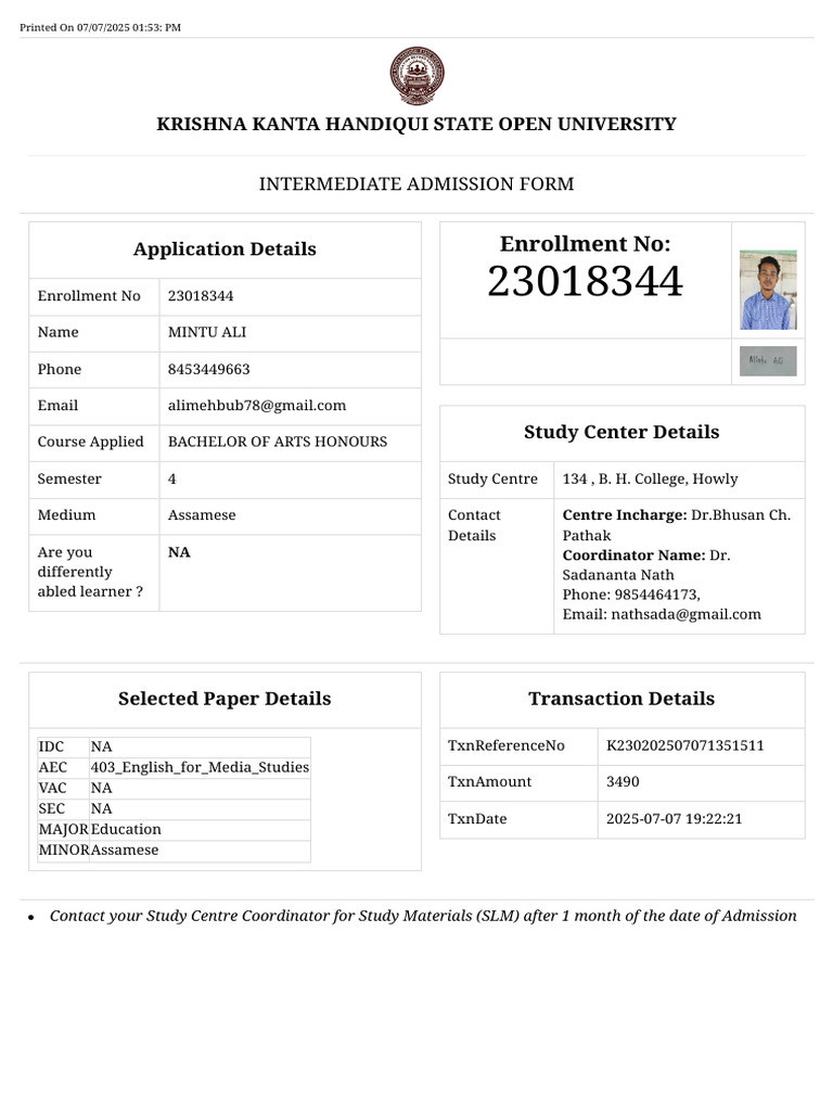 Krishna Kanta Handiqui University Admission Form | PDF