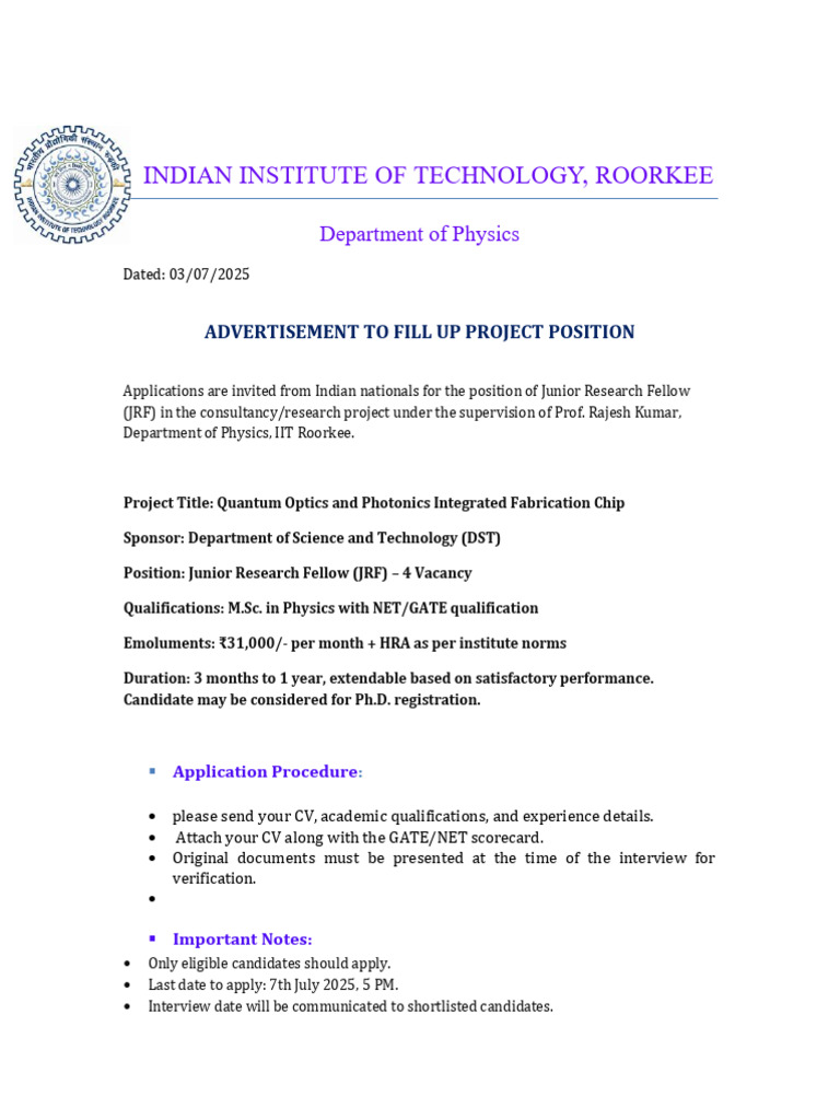 IIT Roorkee JRF Position Announcement | PDF