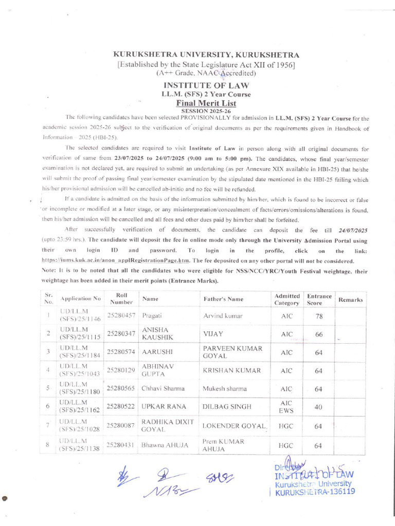 3rd Final Merit List of LLM (SFS) 2025-26 PDF | PDF