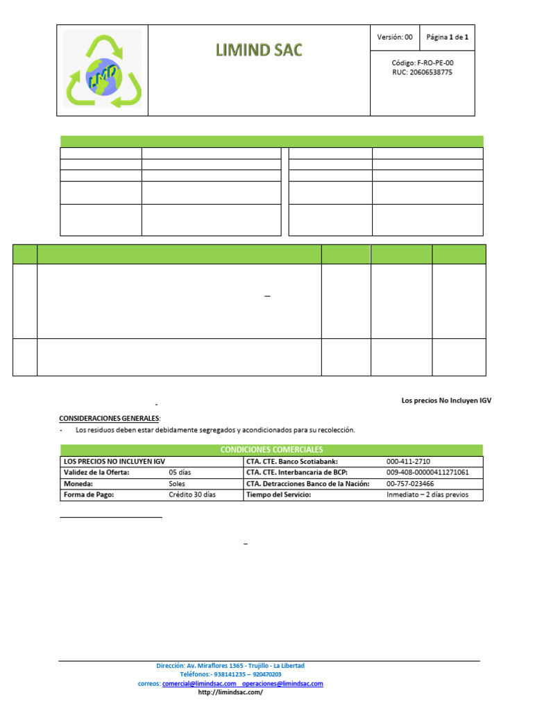 Cotizacion Salaverry RS. No Peligrosos 10 M3 HORTIFRUT LIMIND SAC 07-07 ...