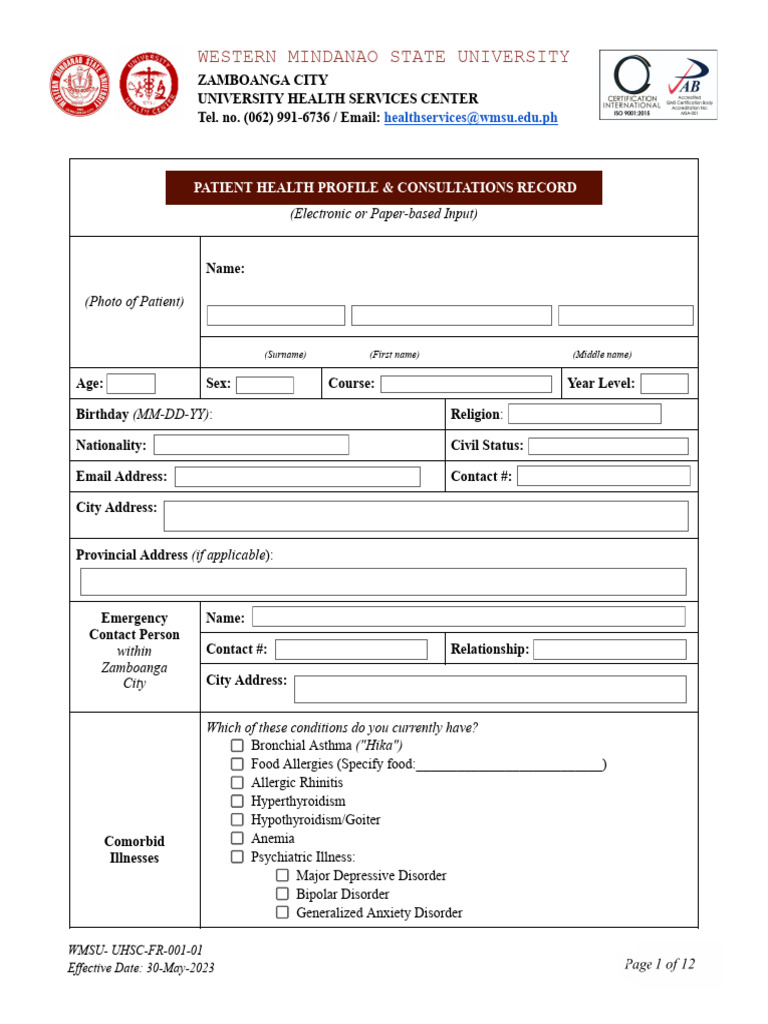 Form 1 - UHS Patient Record Form | PDF | Mental Disorder | Menstruation