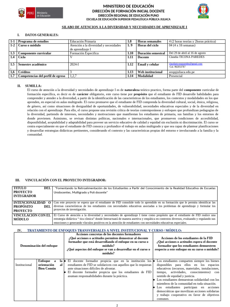 AA..SILABO Atencion A La Diversidad. PRIM V-2024-I-Clau... | PDF | Plan de estudios | Evaluación