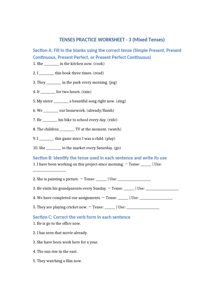 Tenses Practice Worksheet 3 | PDF