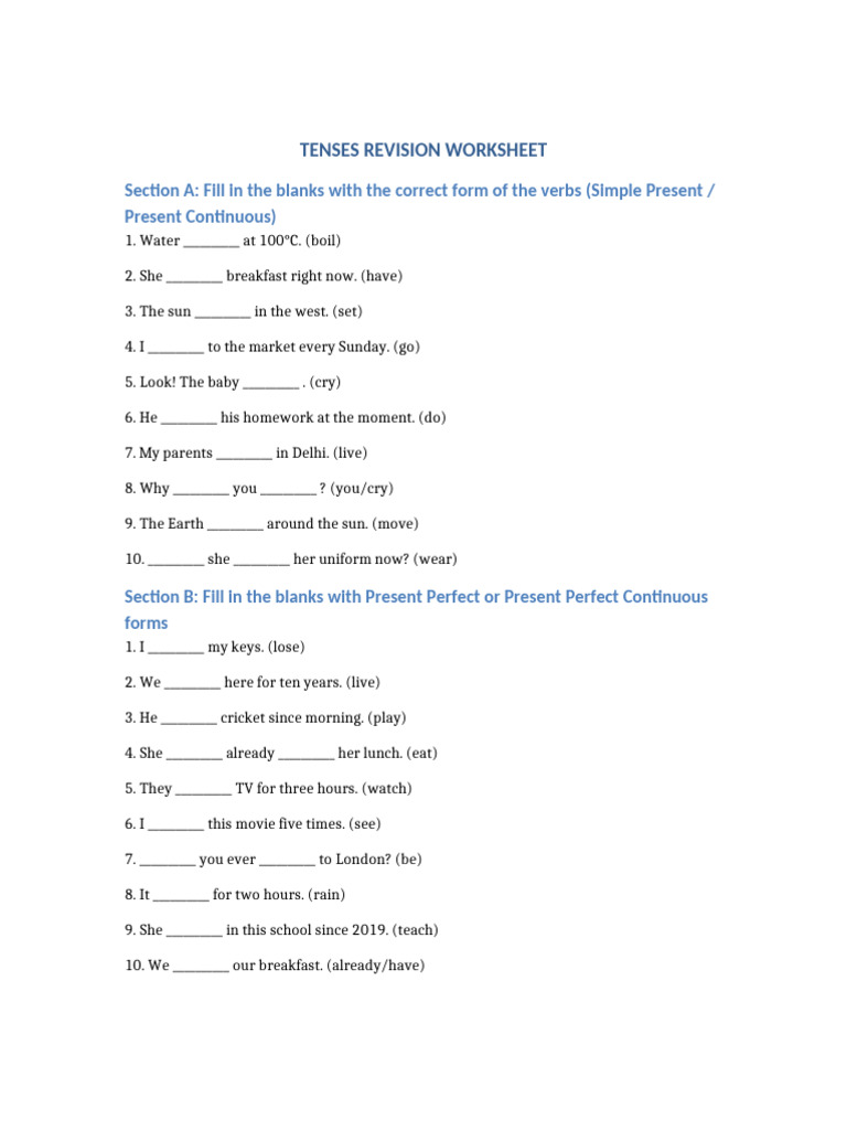 Tenses Revision Worksheet | PDF