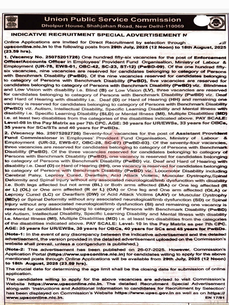 UPSC EPFO Notification 2025 Short Notice | PDF