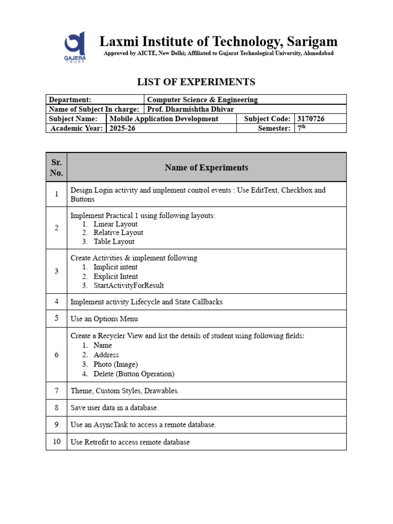List of Experiments (MAD) | PDF