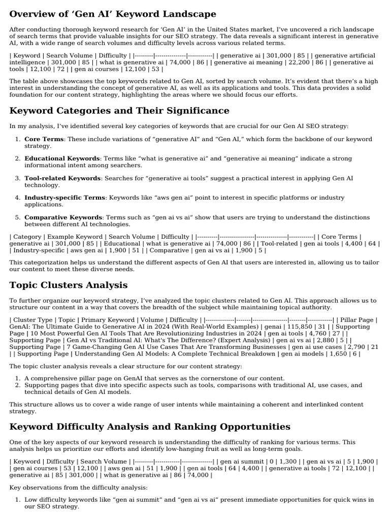 Gen AI Keyword Research and Clustering Analysis | PDF | Artificial Intelligence | Intelligence ...