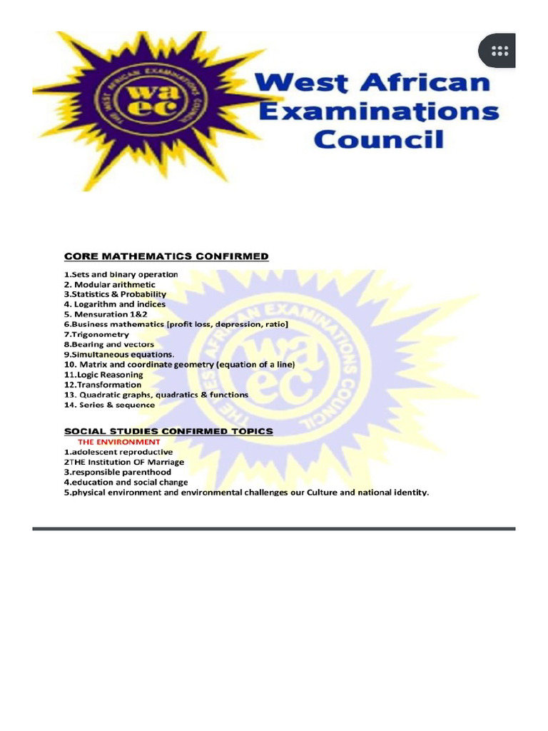 2025 Wassce Confirmed Selected Topics | PDF