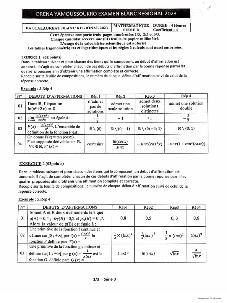 Math - Bac Blanc Serie D Drena Yakro | PDF
