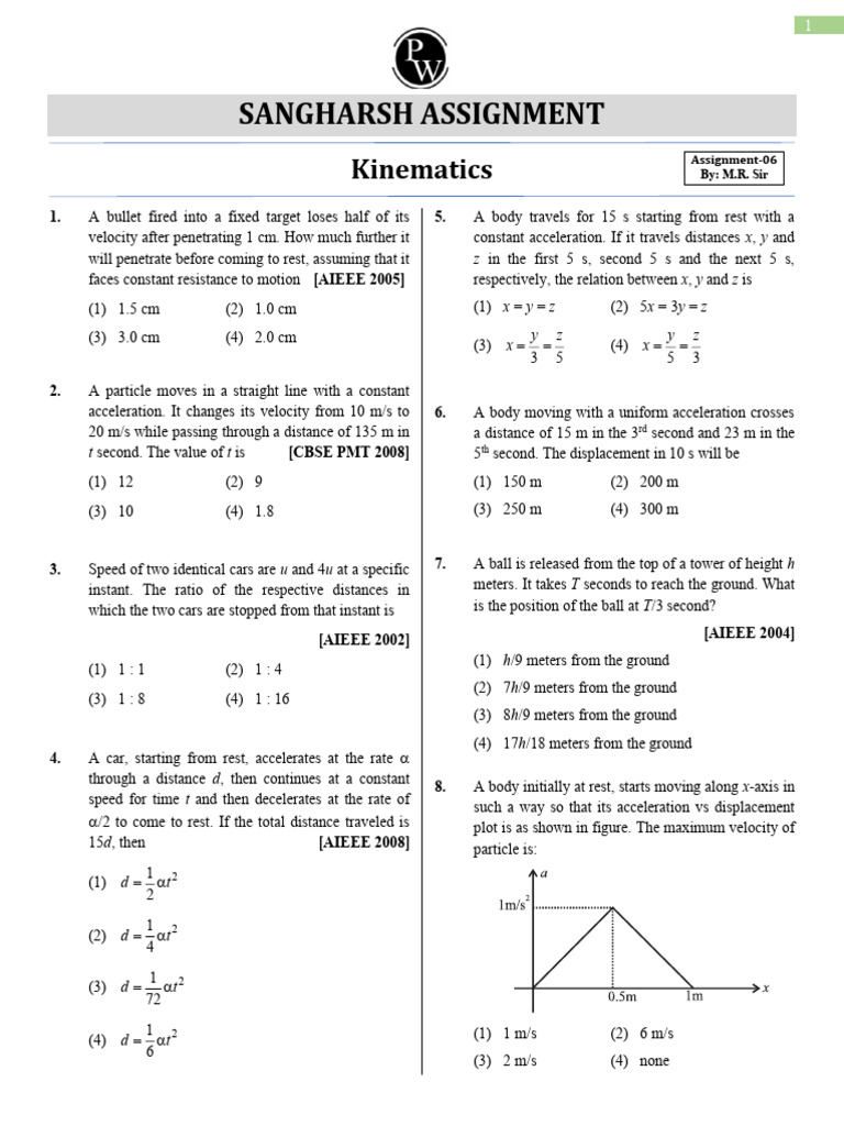 Sangharsh Assignment-06 - Kinematics - (Physics) - MR Sir - Mahaveer | PDF | Acceleration | Velocity