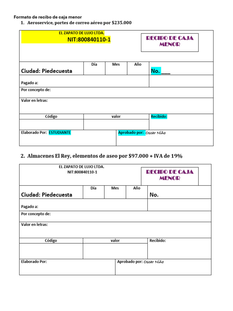 Formato de Recibo de Caja Menor 9-01 | PDF