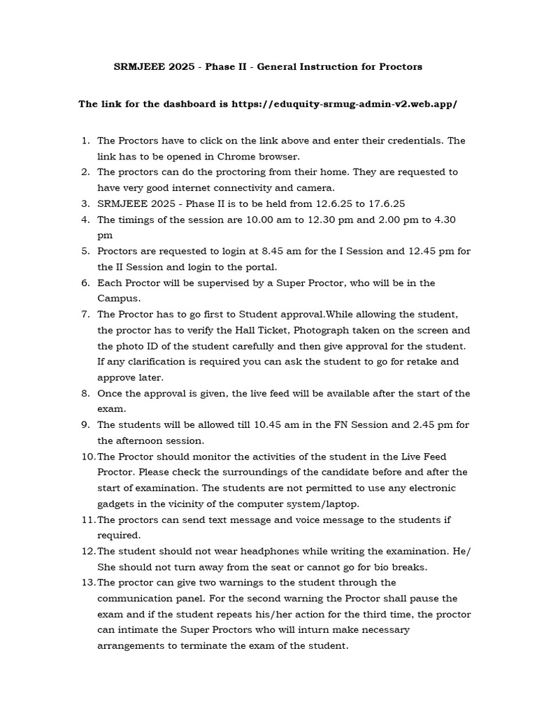 General Instructions For Proctors SRMJEEE 2025 Phase II | PDF