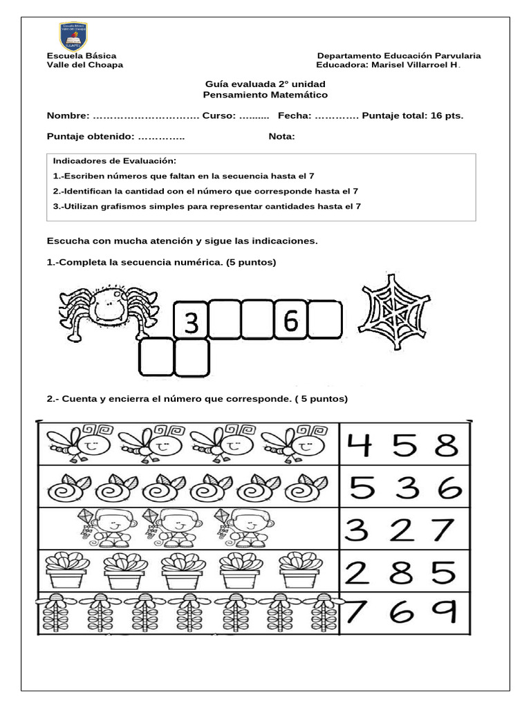 GUÍA EVALUADA Pens. Matem. 2°unidad Kínder B 2025 | PDF