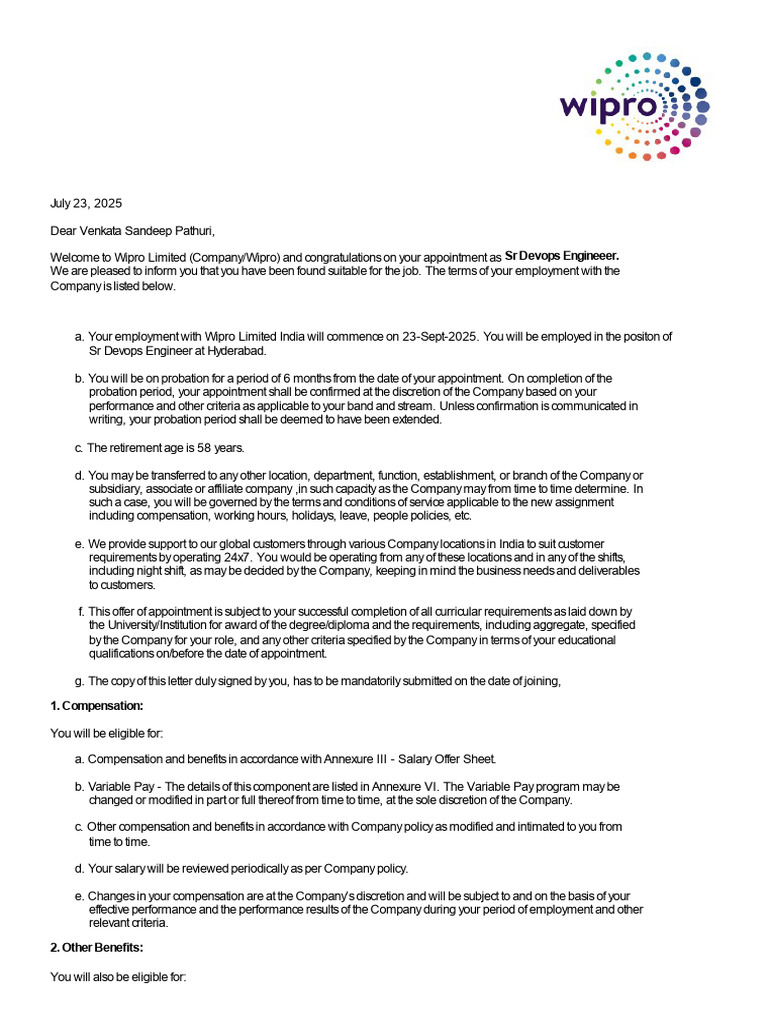 Wipro Offer Letter | PDF | Employment | Justice