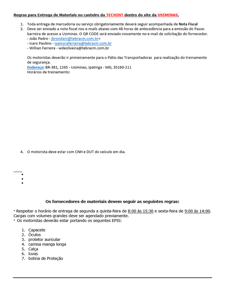 Regras para Entrega de Materiais No Canteiro Da TECHINT | PDF