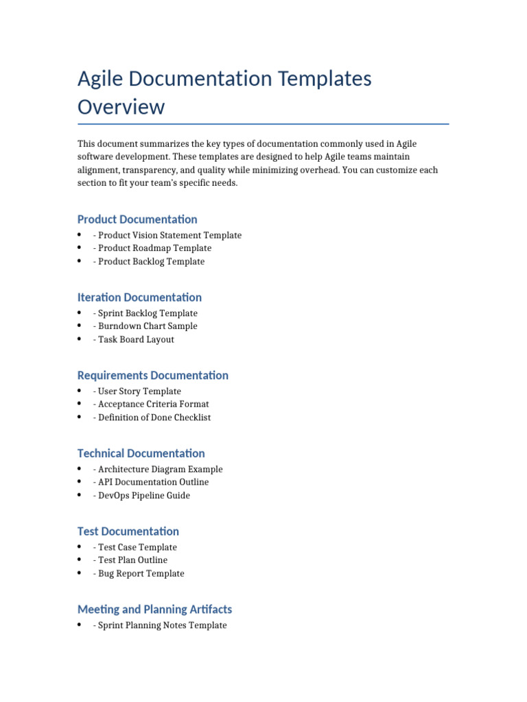 Agile Documentation Templates Overview | PDF