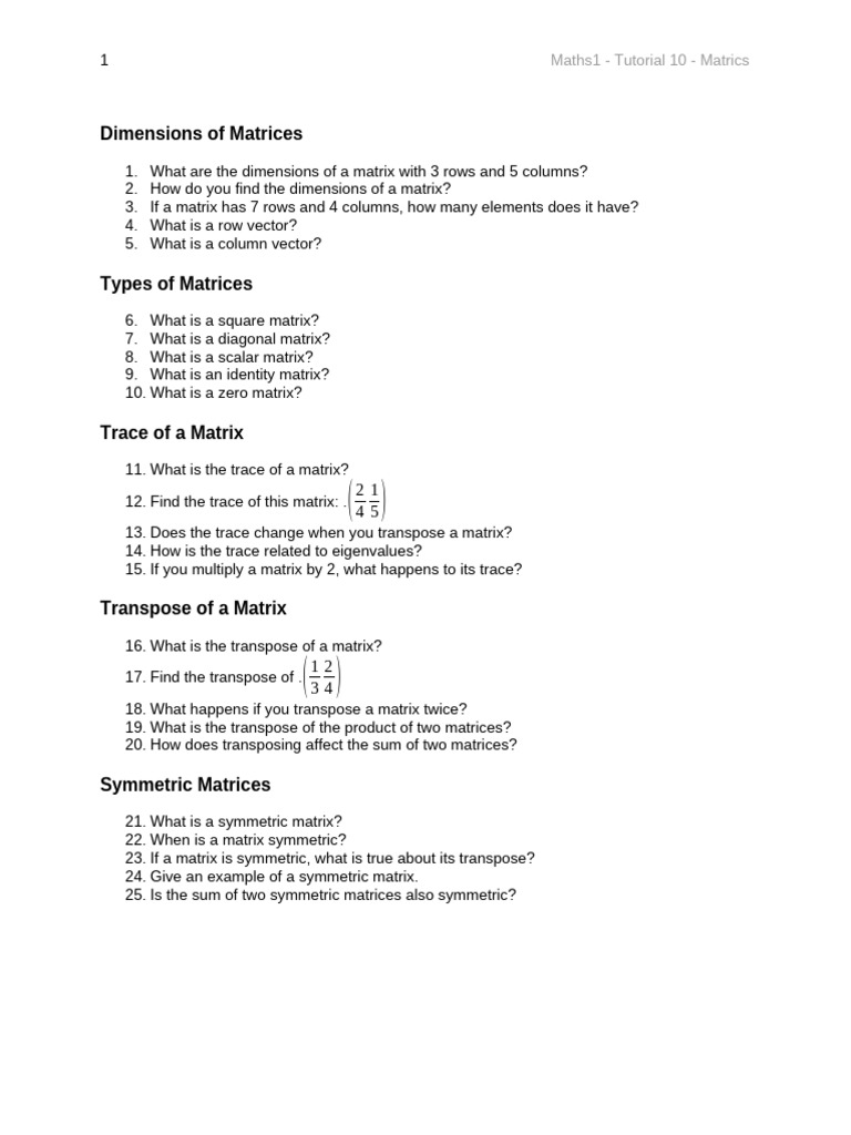 Maths I - Tutorial 11 - Matrices | PDF