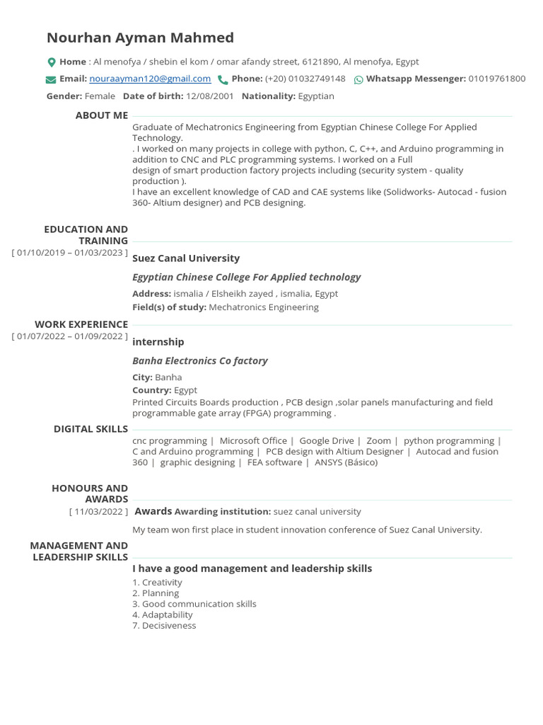 CV - Nourhan Ayman Mahmed | PDF