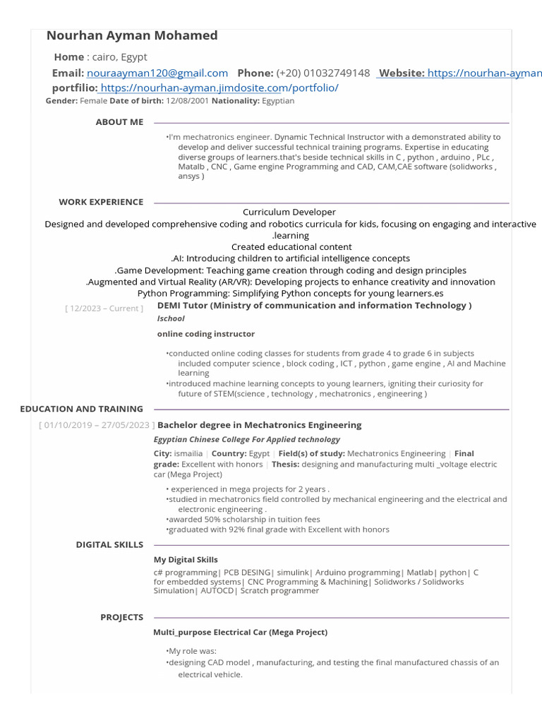Nourhan Ayman Mohamed. Coding Instructor | PDF | Engineering | Mechanical Engineering