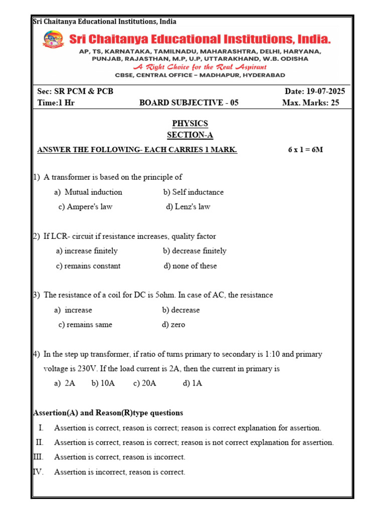 Cbse Sr Pcm & Pcb Board Subjective-05 Physics Qp 19-07-2025 | PDF ...