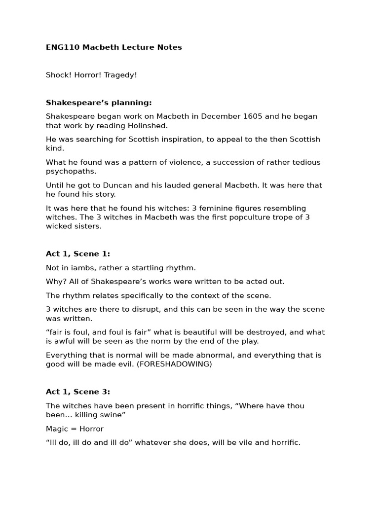 ENG110 Macbeth Notes | PDF | Macbeth