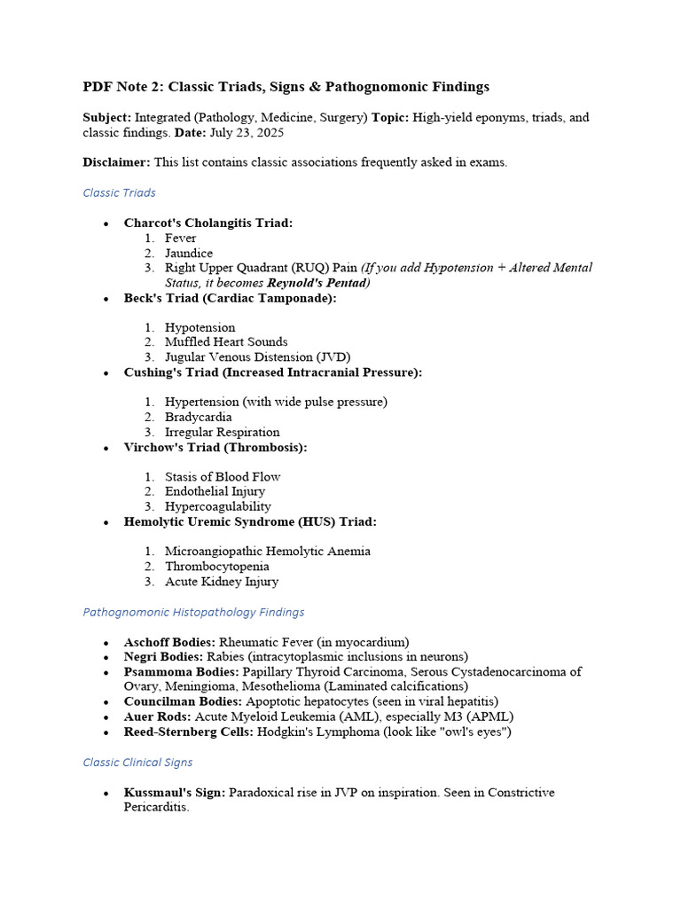 Classic Triads, Signs & Pathognomonic Findings | PDF