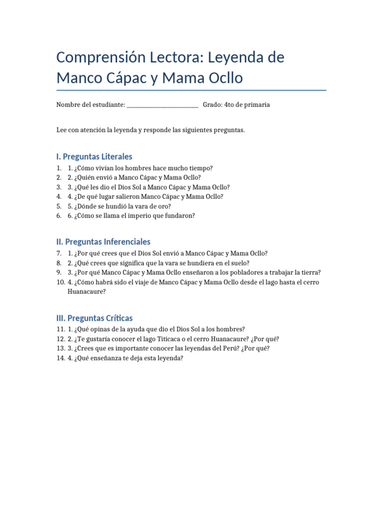 Ficha Comprension Leyenda Manco Capac | PDF