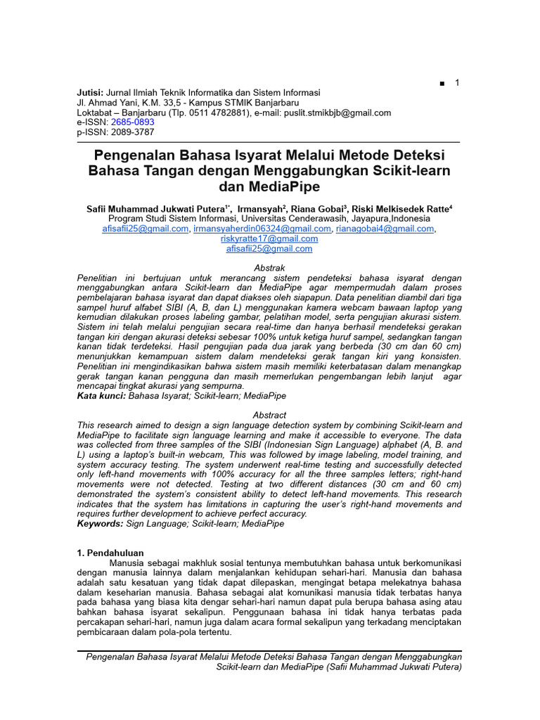 Pengenalan Bahasa Isyarat Melalui Metode Deteksi Bahasa Tangan Dengan Menggabungkan Scikit-Learn ...